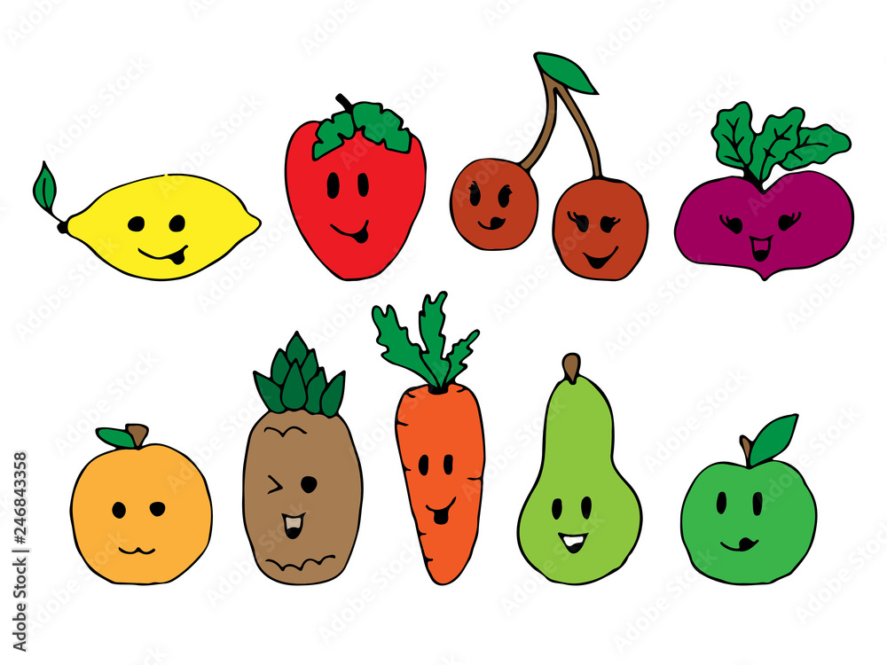 Cartoon Fruits And Vegetables Without Faces