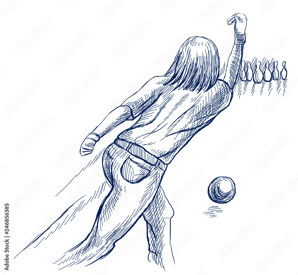 Bowling - An hand drawn illustration on white background in vintage ...