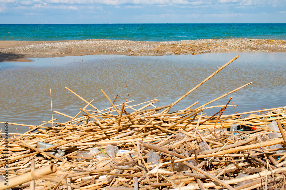 Environmental pollution by plastic. Garbage by the sea. Trash on the ...