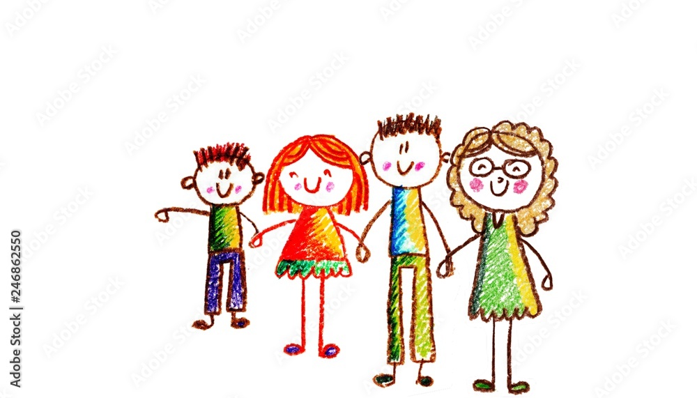 Kids drawing Happy family holding hands Mother, father, sister, brother ...