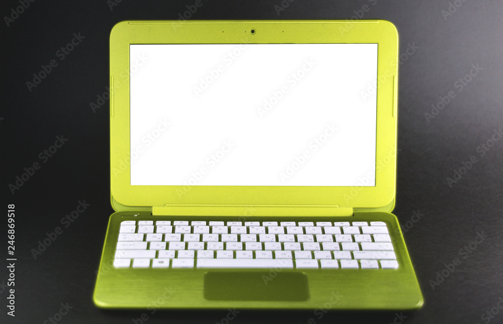 Yellow laptop with white screen on red background, monitor template ...