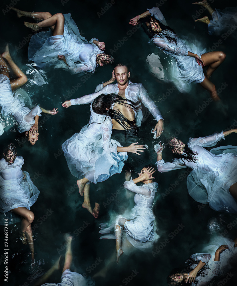 Fine art imagery. Selender mythical young beautiful sirens pulling a ...