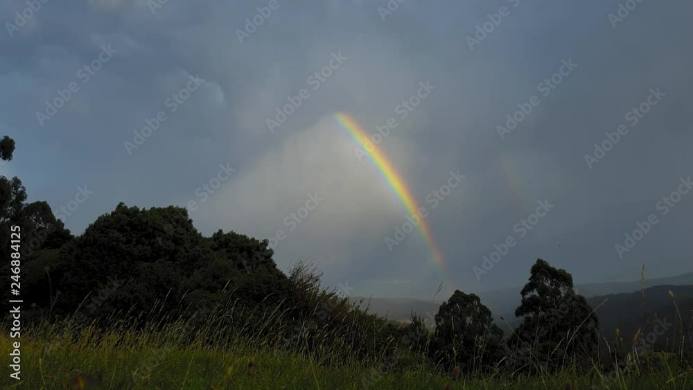 A magnificent rainbow shown from a grassy, stationary vantage point ...