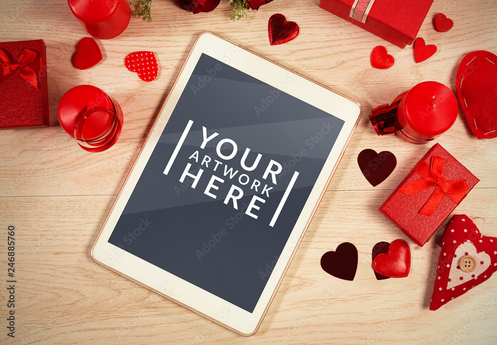 Tablet Surrounded by Valentine's Day Elements Stock Template | Adobe Stock