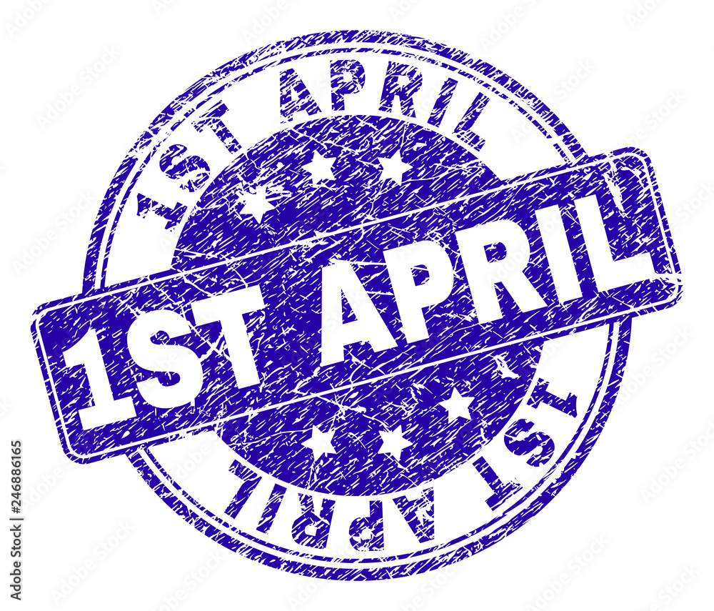 1ST APRIL stamp seal watermark with grunge style. Designed with rounded ...