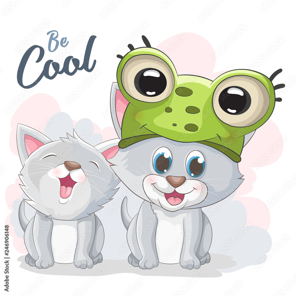 Cute cartoon cat in a frog hat Stock Vector | Adobe Stock