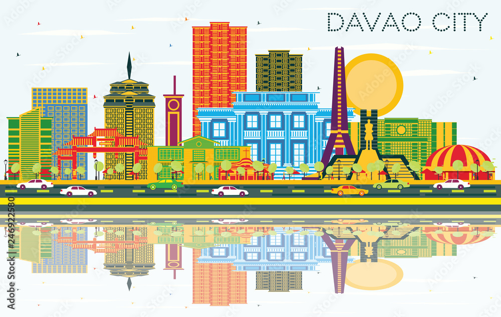 Davao City Philippines Skyline with Color Buildings, Blue Sky and ...