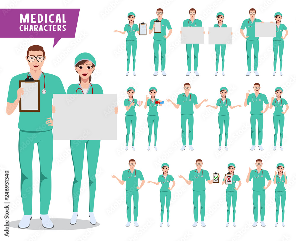 Medical characters vector set. Doctor, nurse and medical staff holding ...