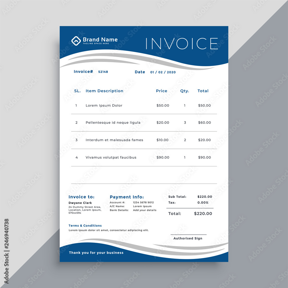 blue business invoice template in wave style Stock Vector | Adobe Stock