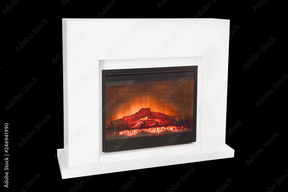 White wooden burning fireplace with roaring flames. Isolated on black ...