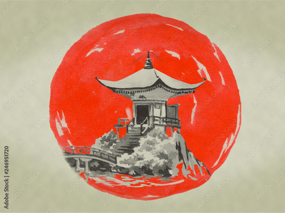 Japan traditional sumi-e painting. Watercolor and ink illustration in ...