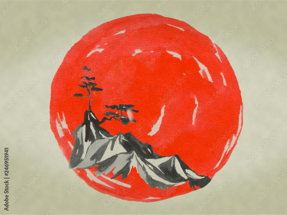 Japan traditional sumi-e painting. Watercolor and ink illustration in ...