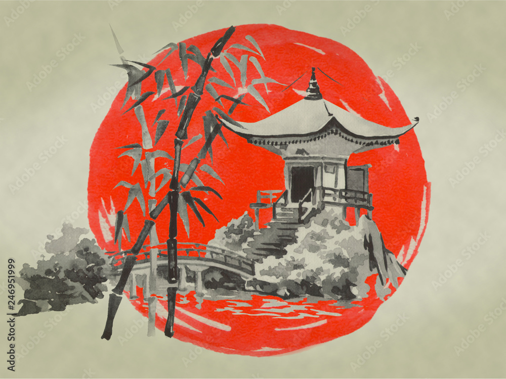 Japan traditional sumi-e painting. Watercolor and ink illustration in ...