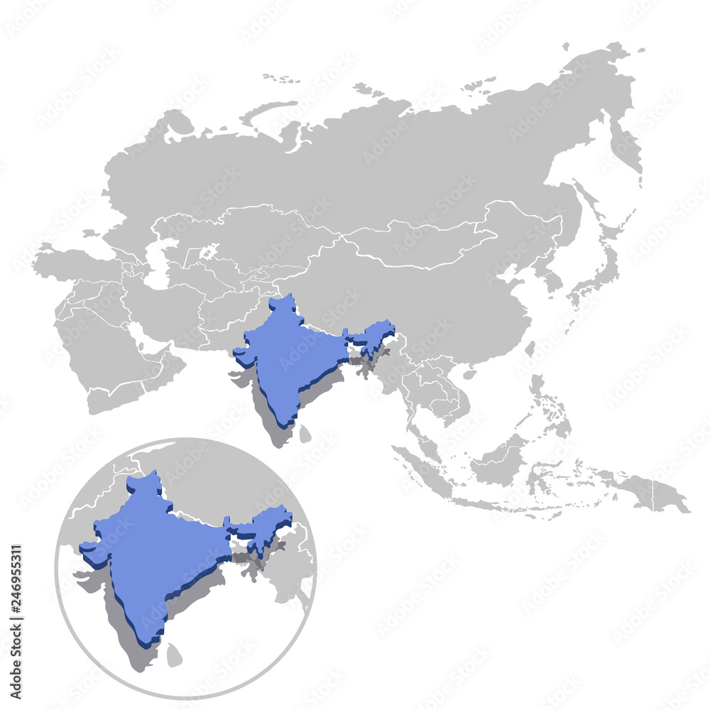 Vector illustration of India in blue on the grey model of Asia map with ...