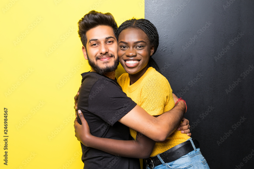 Young Happy Mixed Race Couple Indian Man And African Woman Hugging