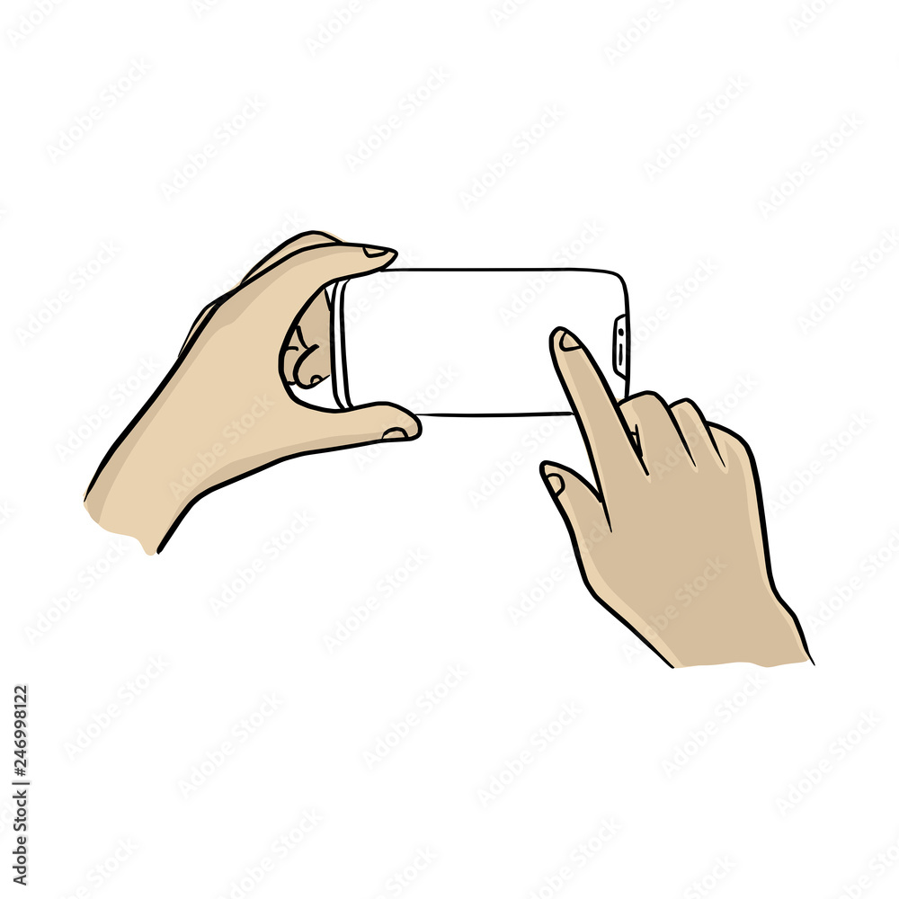 two hands using smartphone with notch display vector illustration ...