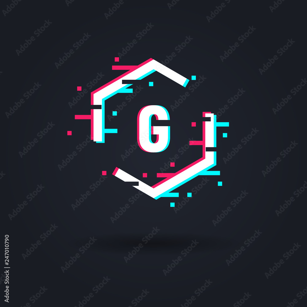 Distorted glitch logo. Hexagon frame in distorted glitch style ...