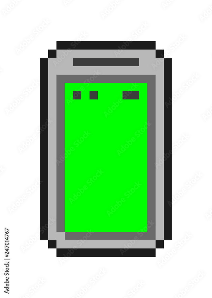 Pixel art: a grey smartphone with tiny basic buttons and a green screen ...
