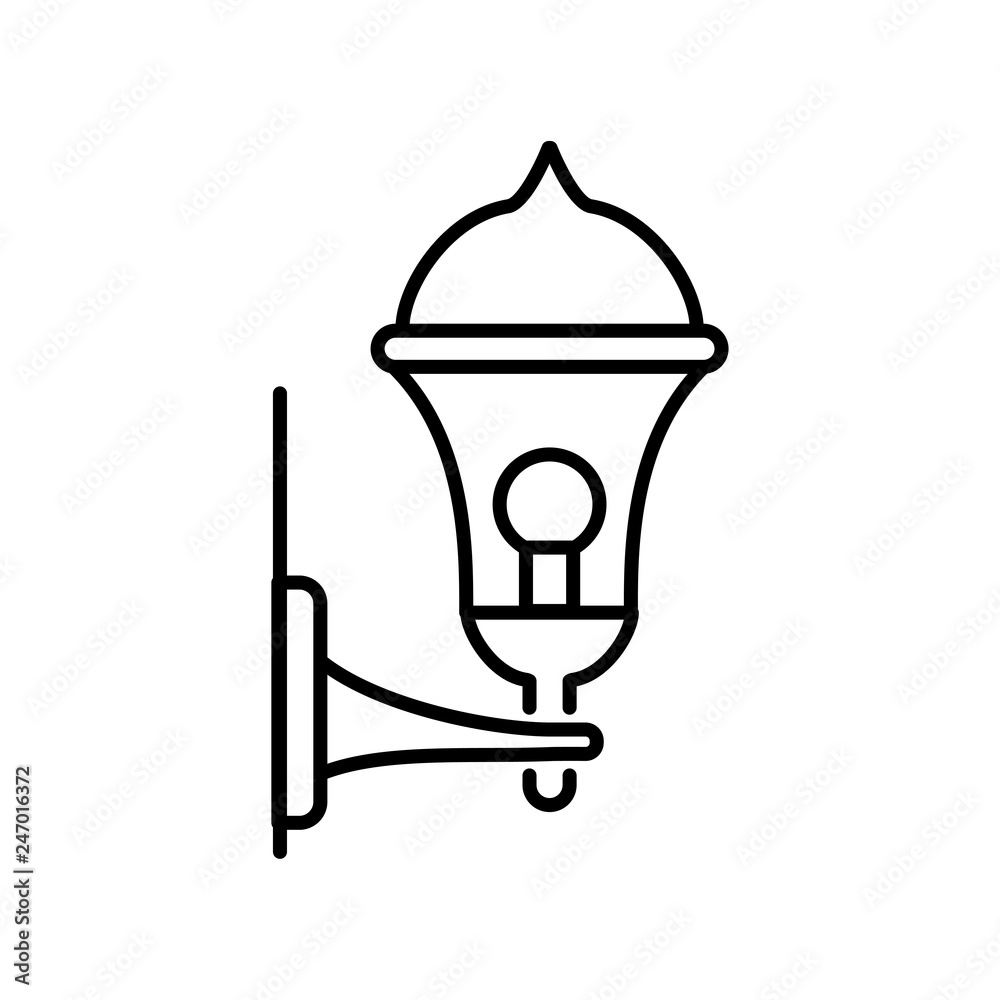 Black & white vector illustration of wall sconce lamp. Line icon of ...