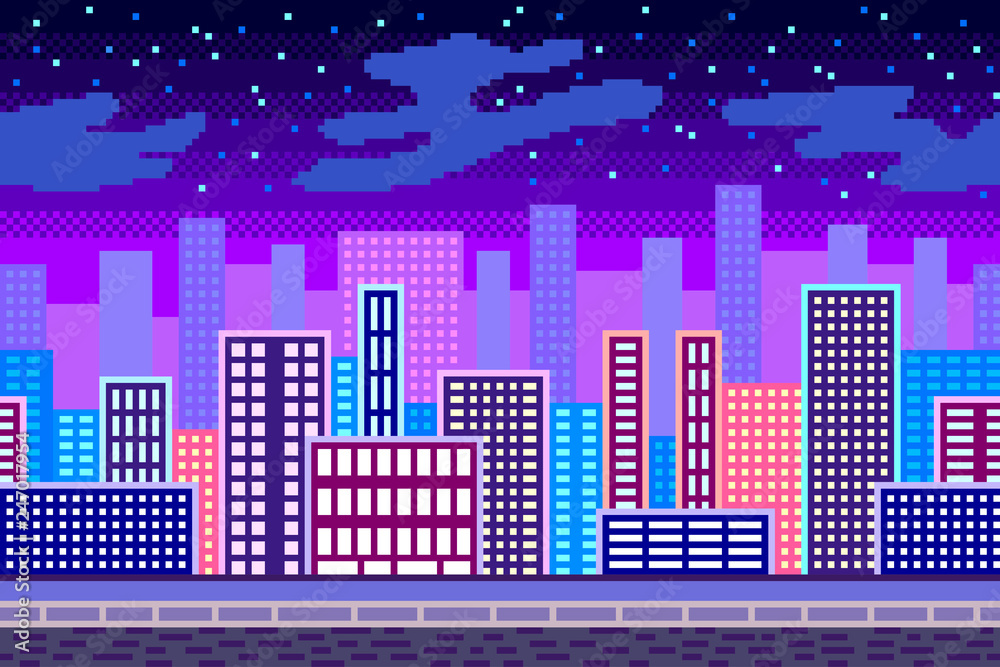 Pixel art night city background detailed vector illustration Stock ...