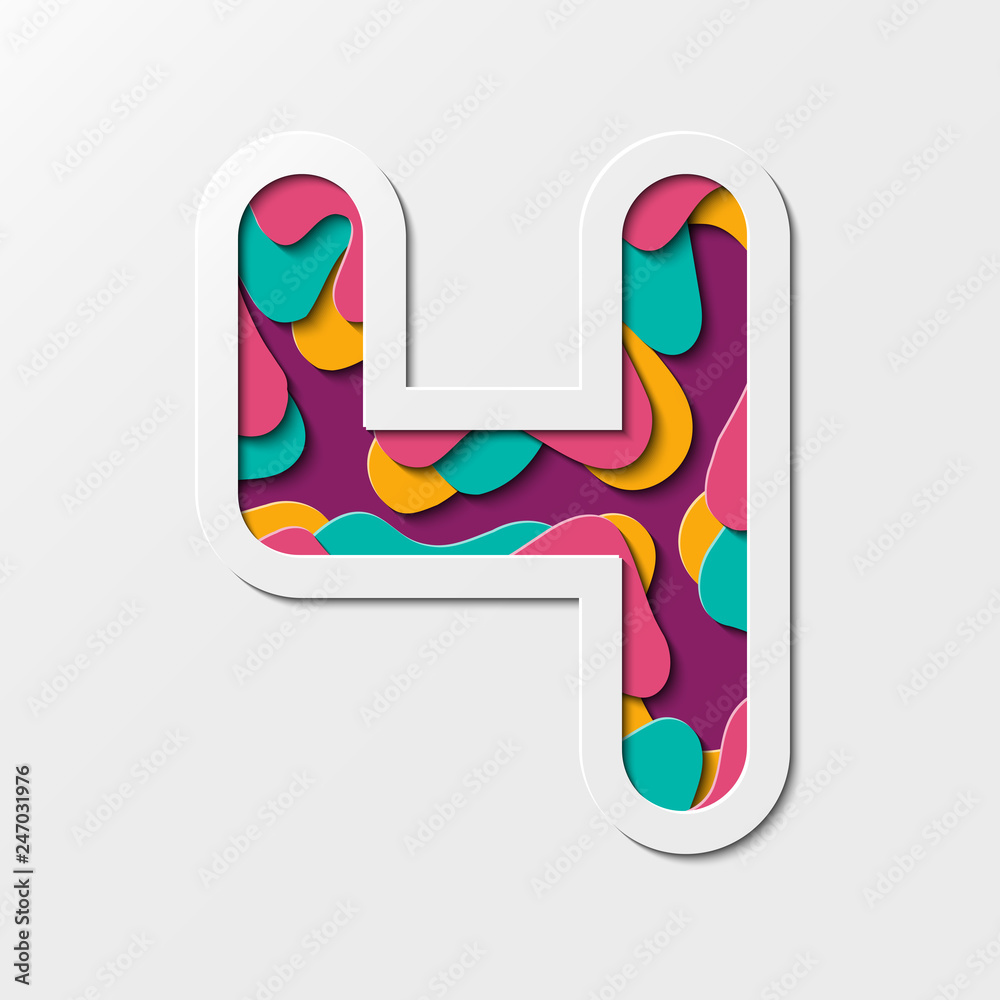 Paper cut Number Four Symbol (4). Realistic 3D multi layers paper cut ...