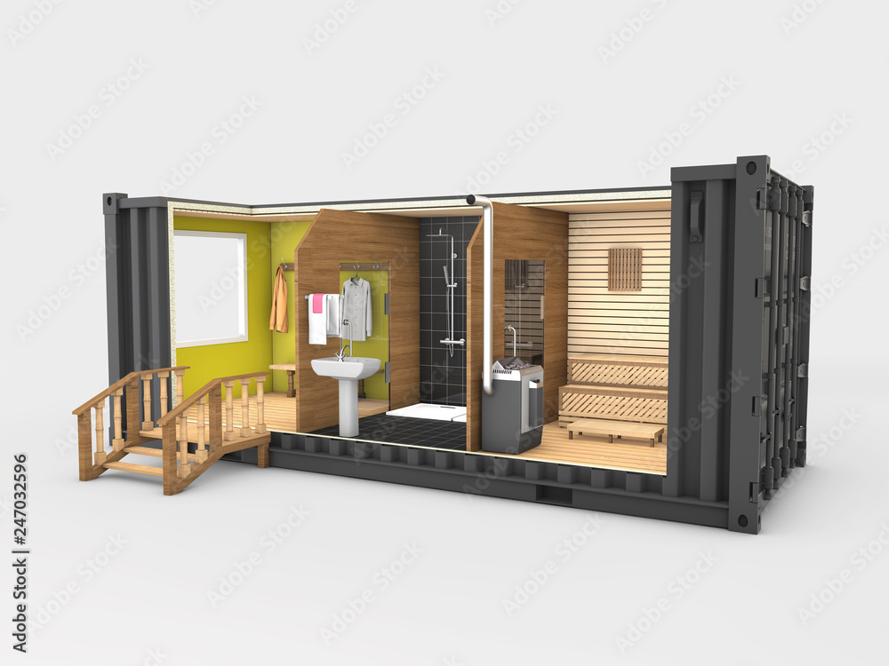 Converted old shipping container into sauna, 3d Illustration isolated ...