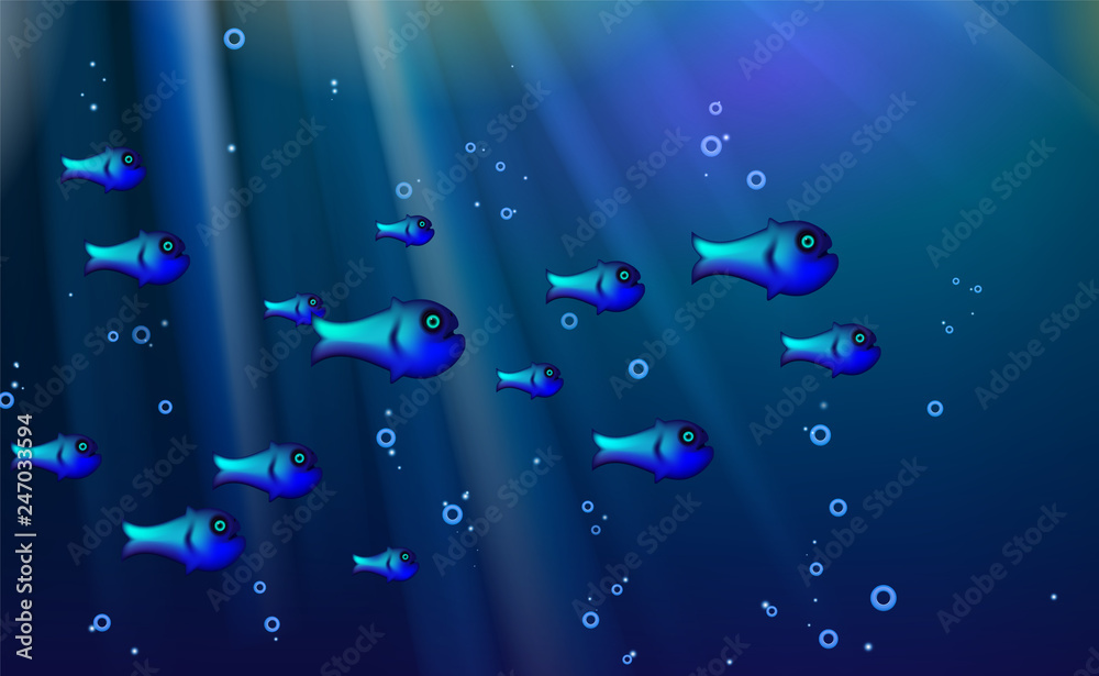 Blue background fish shoal. Cartoon funny cant marine life optimized ...