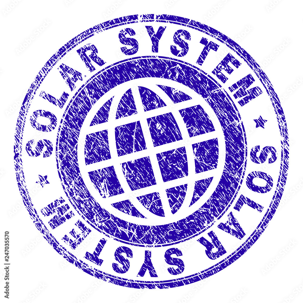 SOLAR SYSTEM stamp print with grunge texture. Blue vector rubber seal ...