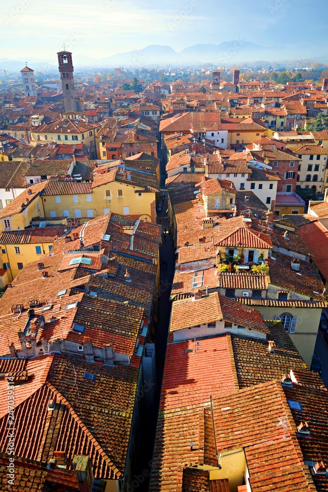 veduta dall'alto del centro storico della città italiana di Lucca vista ...