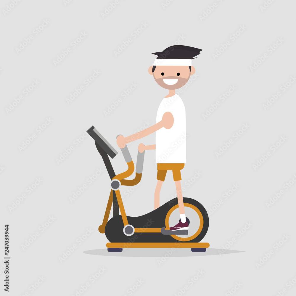 young character doing exercise with elliptical machine.flat cartoon ...