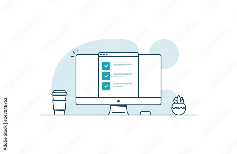Computer with checklist. Workspace with computer, coffee cup, plant and ...