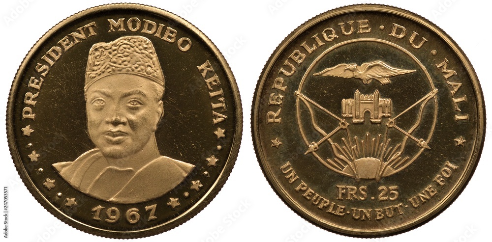 Mali Malian golden coin 25 twenty five francs 1967, President Modibo ...