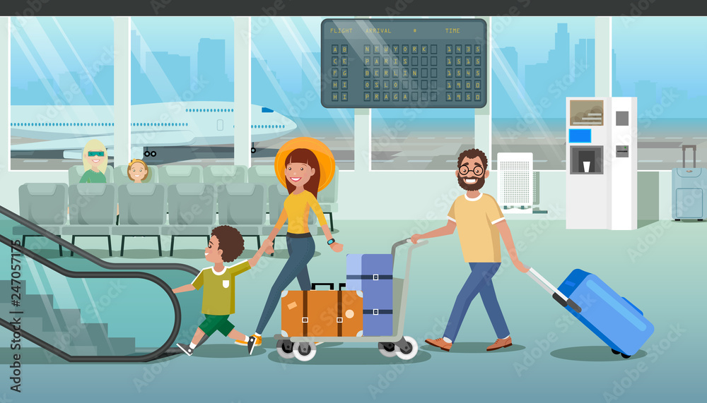 Family Departure or Arrival in Airport Cartoon Vector Concept with ...