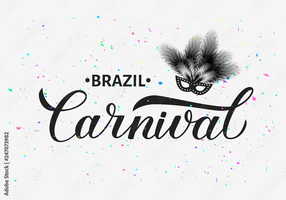 Brazil Carnival calligraphy lettering with mask, feathers and with ...
