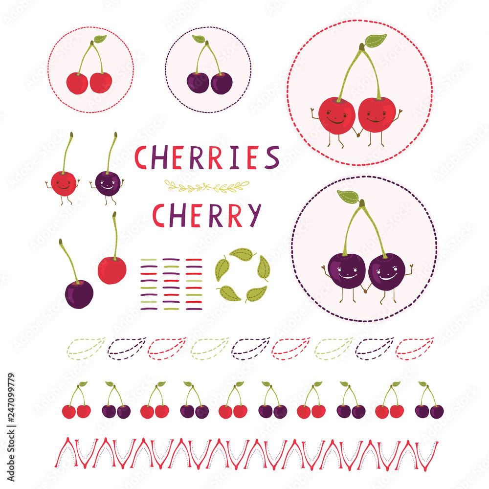 Cute cherry vector illustration clipart set. Hand drawn kawaii cherries ...