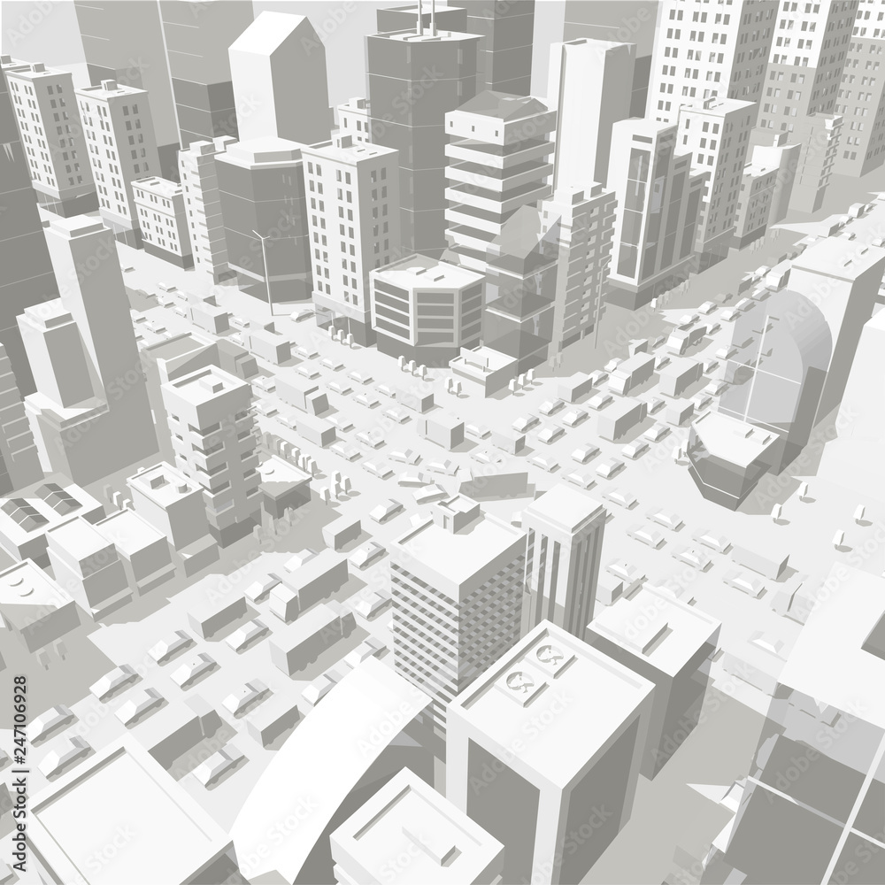 3d city buildings background street In light gray tones. Road ...