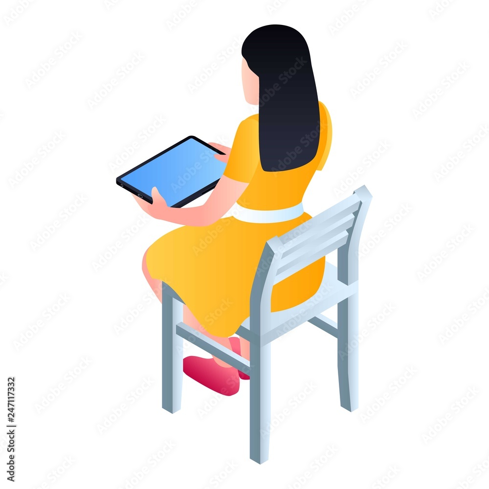 Girl sit on chair with tablet icon. Isometric of girl sit on chair with ...