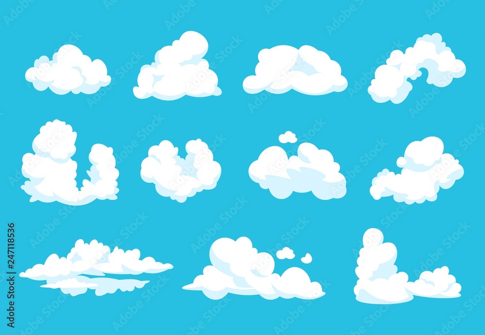 Cartoon clouds. Sky atmosphere blue heaven 2D vintage fluffy symbol ...