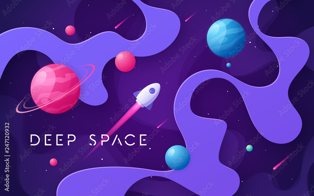 Colorful cartoon outer space background, design, banner, artwork. Stock ...