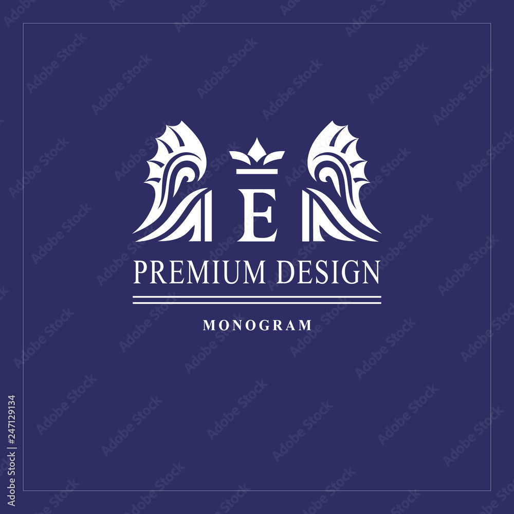 Art logo design. Capital letter E. Elegant emblem with crown, dragon ... Art logo design. Capital letter E. Elegant emblem with crown, dragon ...