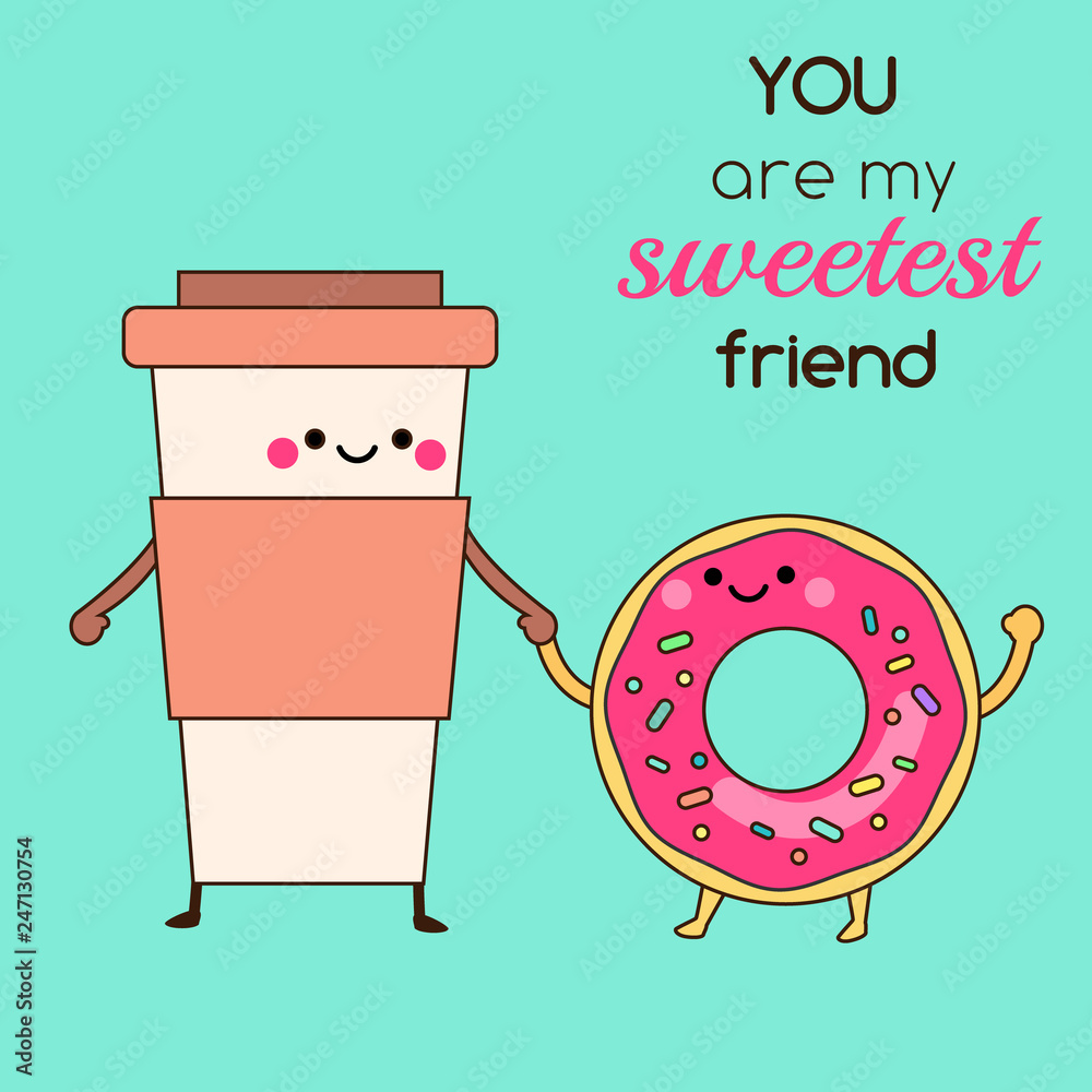 Cartoon coffee cup and donut holding hands. Cute funny food characters ...