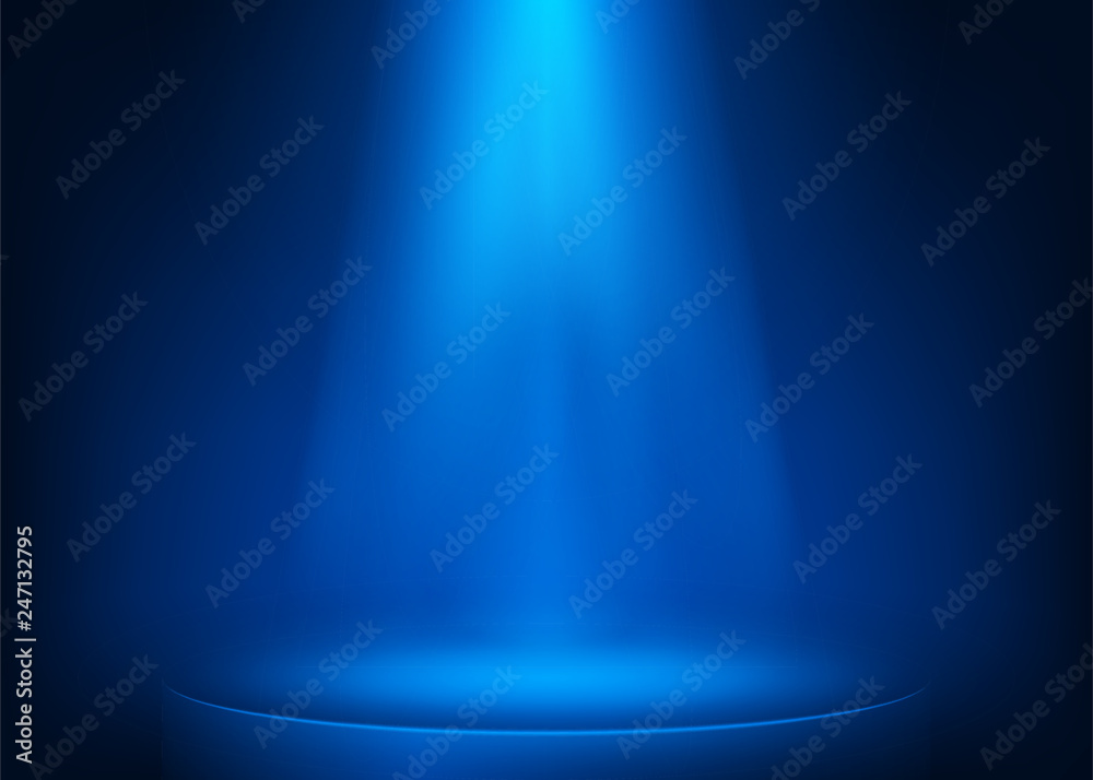 Blue scene illuminated spotlight. Show spotlight background. Light beam ...