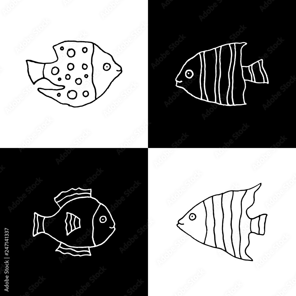Cute cartoon hand drawn fish icon set. Sweet vector black and white ...