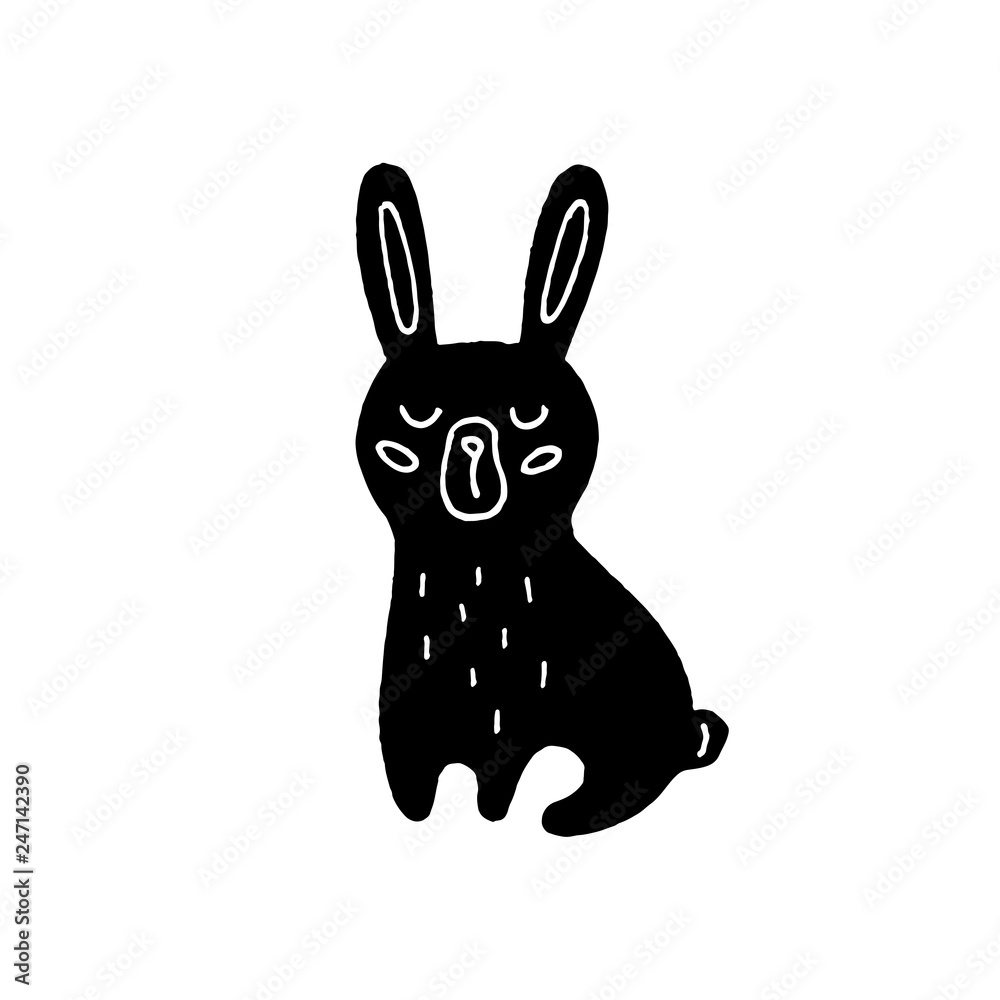 Cute cartoon hand drawn rabbit drawing. Sweet vector black and white ...