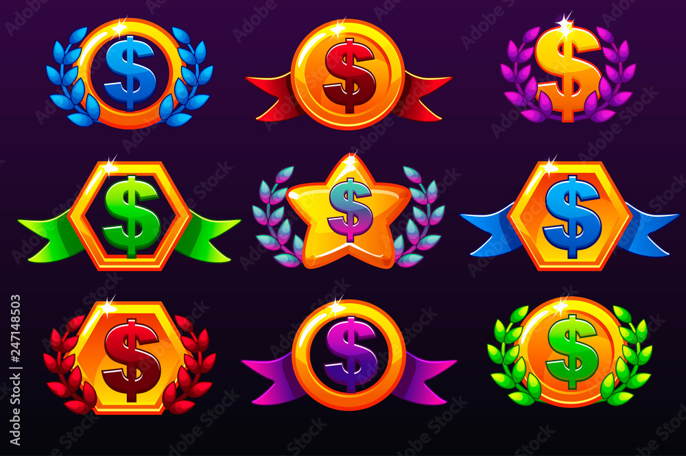 Coloured templates dollar icons for awards, creating icons for mobile ...