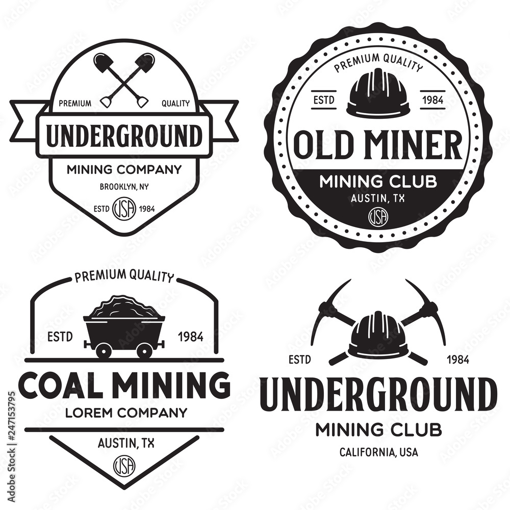 Set of mining or construction logos, badges, emblems and labels in ...