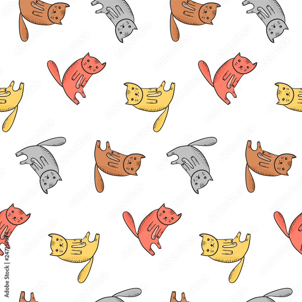 Kids seamless pattern with cute sitting colorful cats. Thoughtful ...