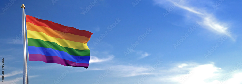 Bandera LGBT subida ondeando al viento con cielo de fondo Stock Photo ...