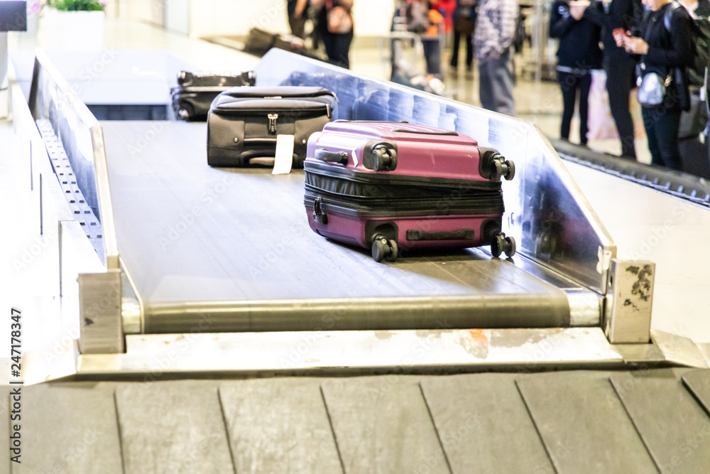 Baggage luggage on conveyor carousel belt at airport arrival Stock ...