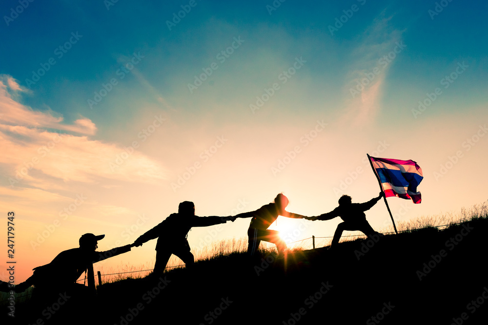 Leader handing Thailand Flag and climbers help A Team to conquer the ...